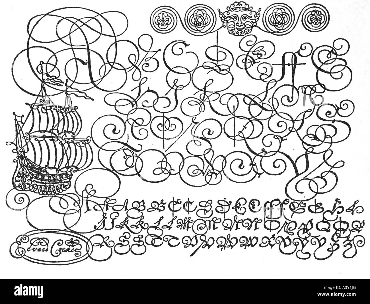 writing, alphabet, ipen drawing alphabet, engraving by Edward Cocker ...