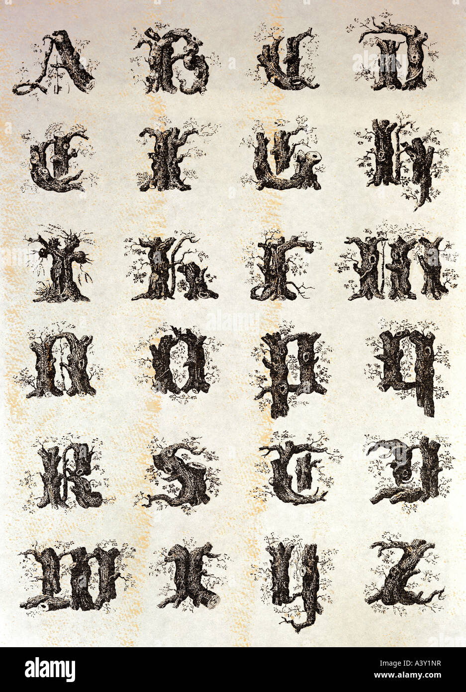 writing, alphabet, initials made of wood, by Joseph Balthazar Silvestre ...