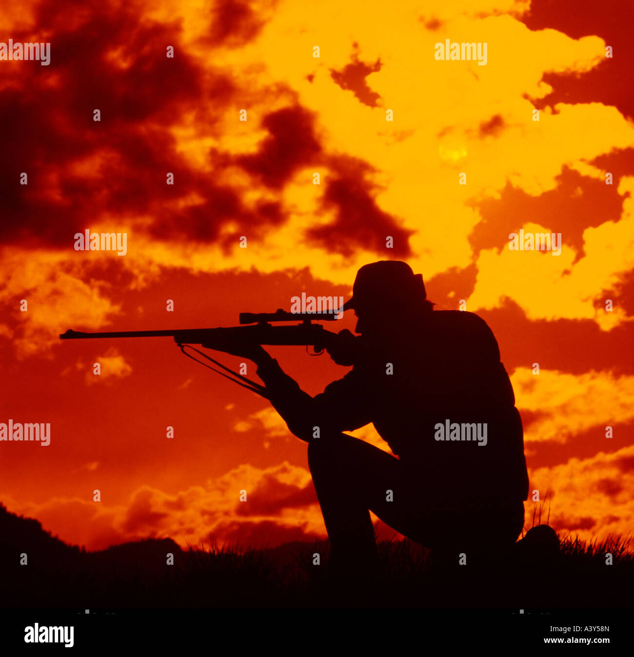 Hunter in field kneels to steady himself while taking aim silhouetted ...