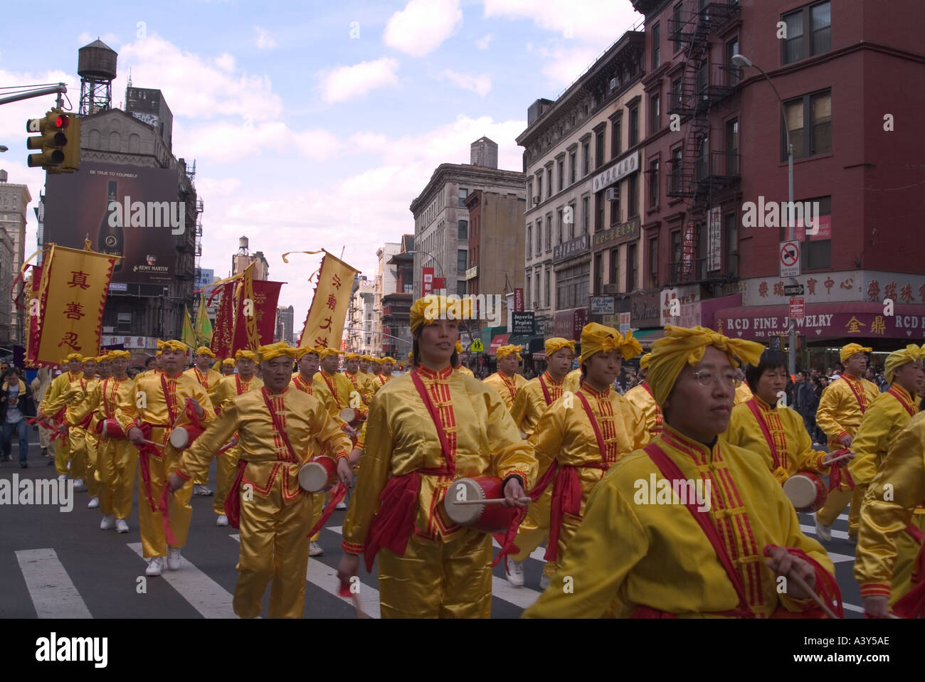 Flags waving Chinese demonstration street parade Chinatown New York ...