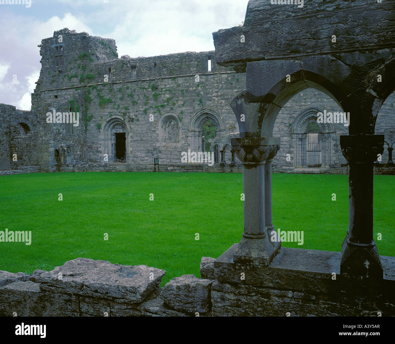 County Mayo, Ireland: Cong Abbey viewed from across the green cloister ...