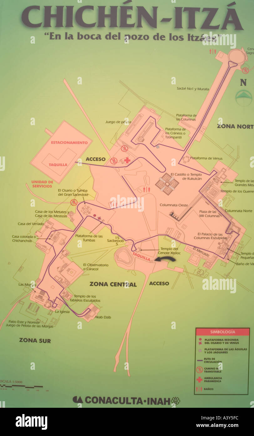 Chichen Itza archaeological site map Riviera Maya Mexico Stock Photo ...