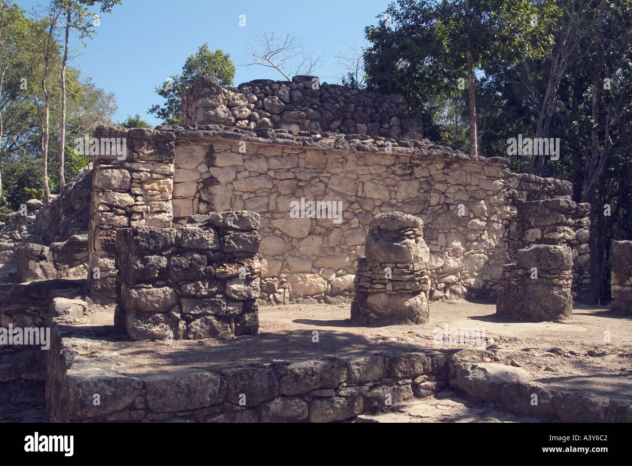 Mayan ruins stone wall and sculptures Riviera Maya Mexico Stock Photo ...
