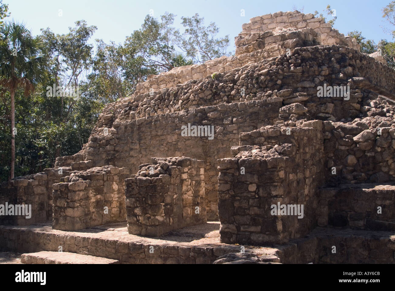 Stairway leading to Mayan stone ruins building Riviera Maya Mexico ...