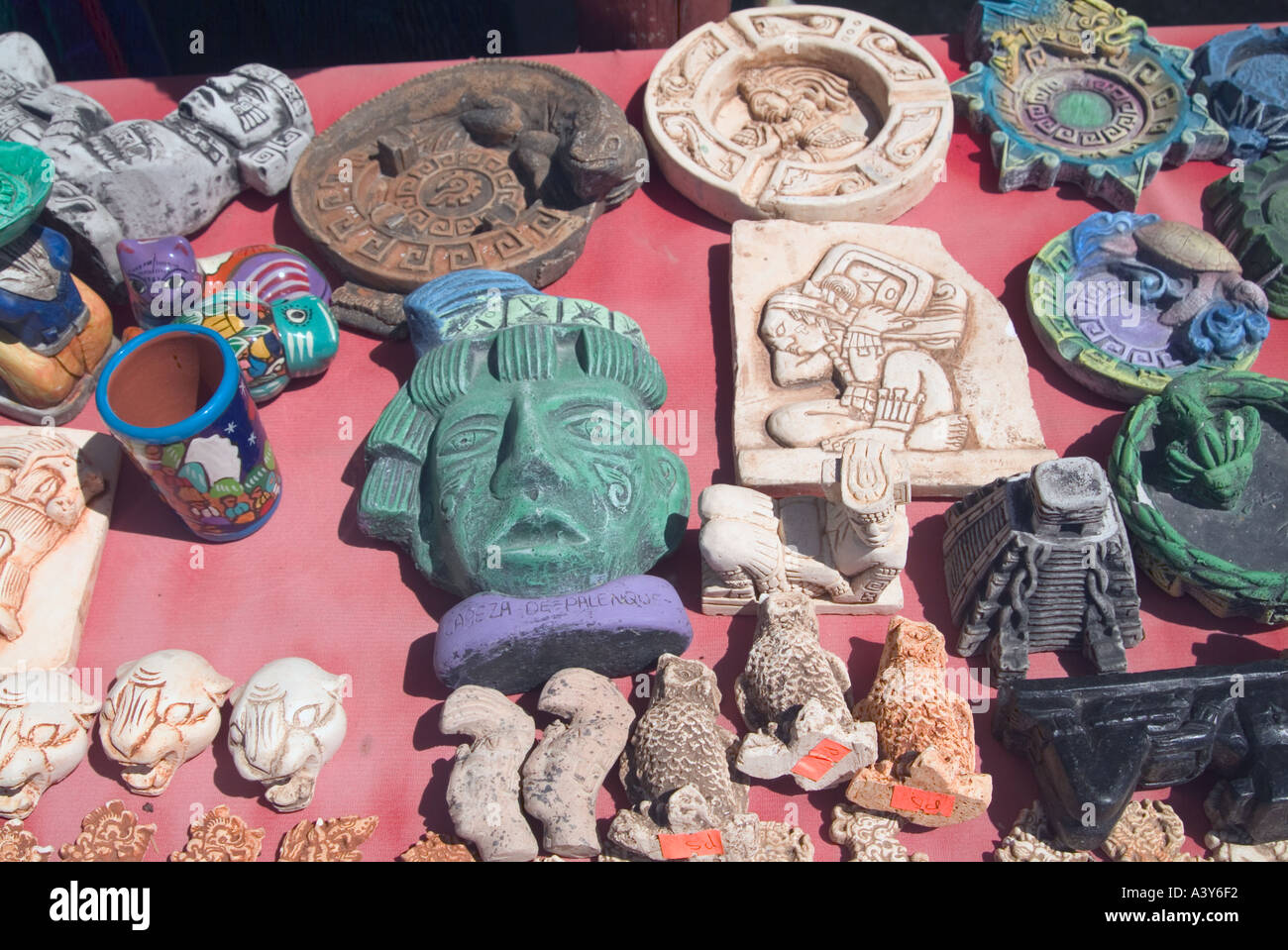Mayan handmade clay objects on table display Riviera Maya Mexico Stock ...