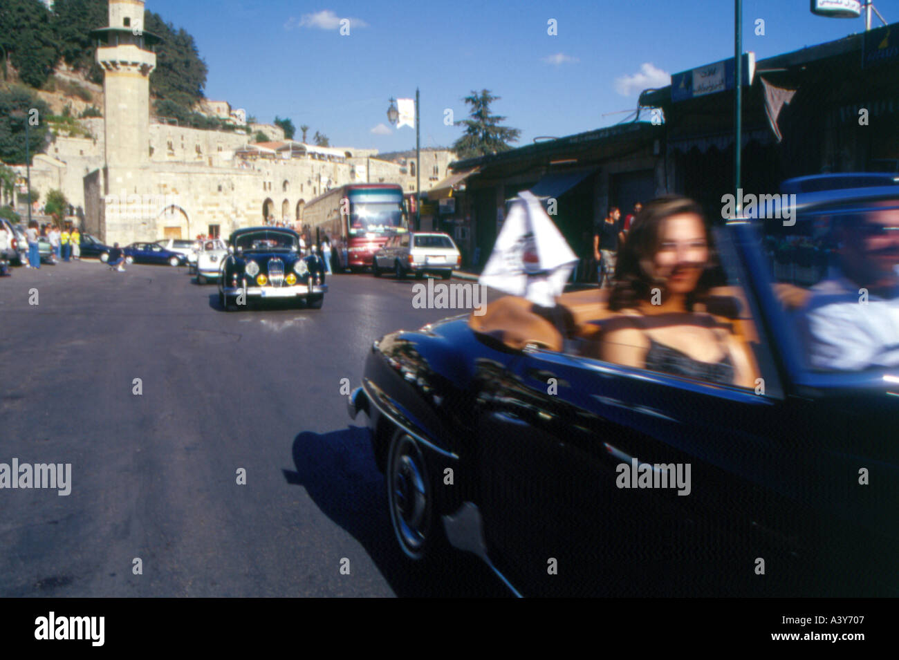 classic car procession lebanon countryside Deir El Kamar village summer ...