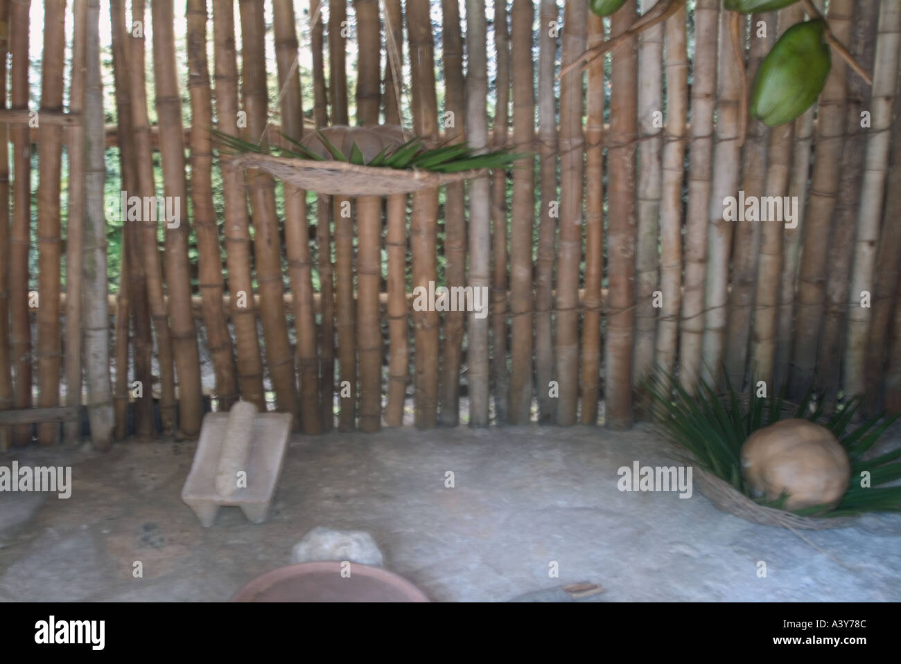 Mayan home interior furnishings wooden hut Xcaret Park Riviera Maya ...