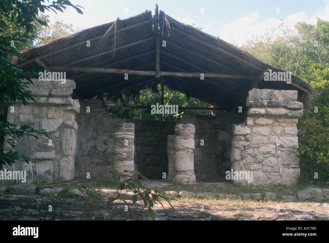 Mayan ruins house wooden roof stone walls Xcaret Park Riviera Maya ...