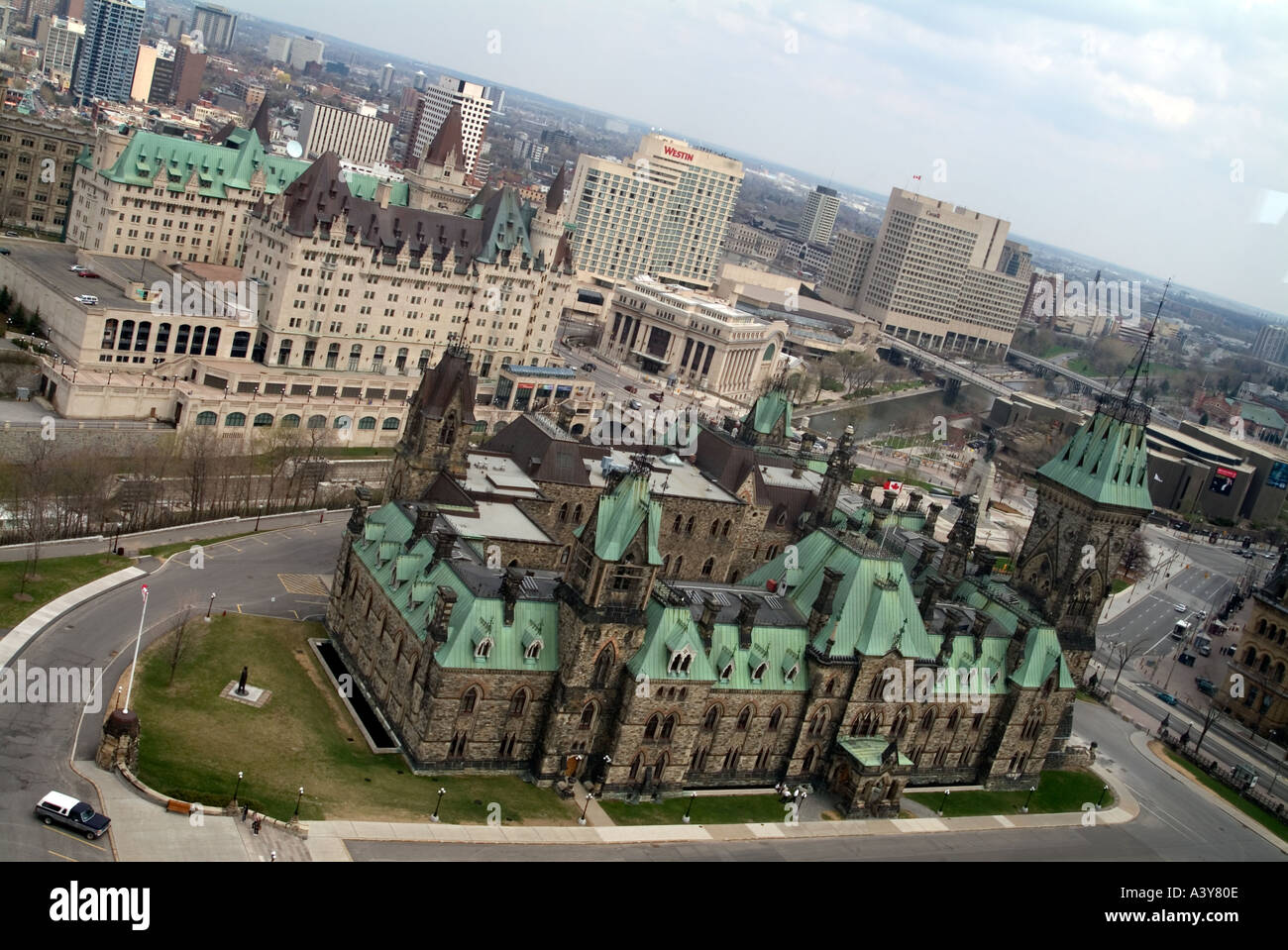 Downtown Ottawa Canada Parliament Buildings Rideau Canal Streets Aerial ...