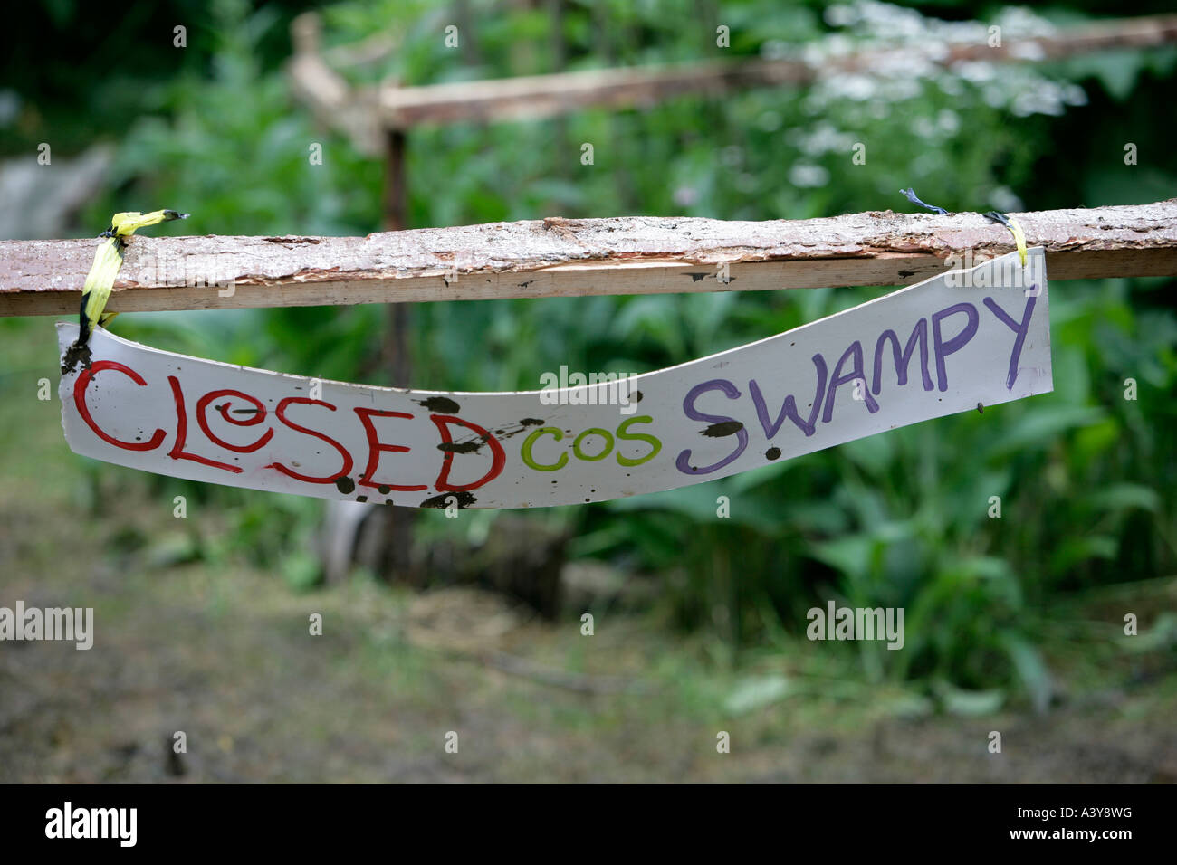 Sign at Glastonbury festival warning of Swampy conditions Stock Photo ...