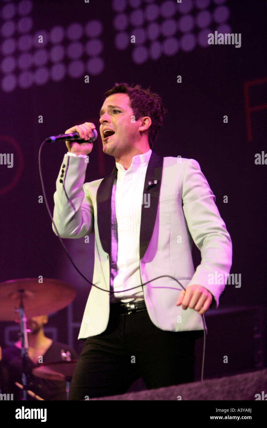 Brandon Flowers, lead singer of the band Killers on stage at ...