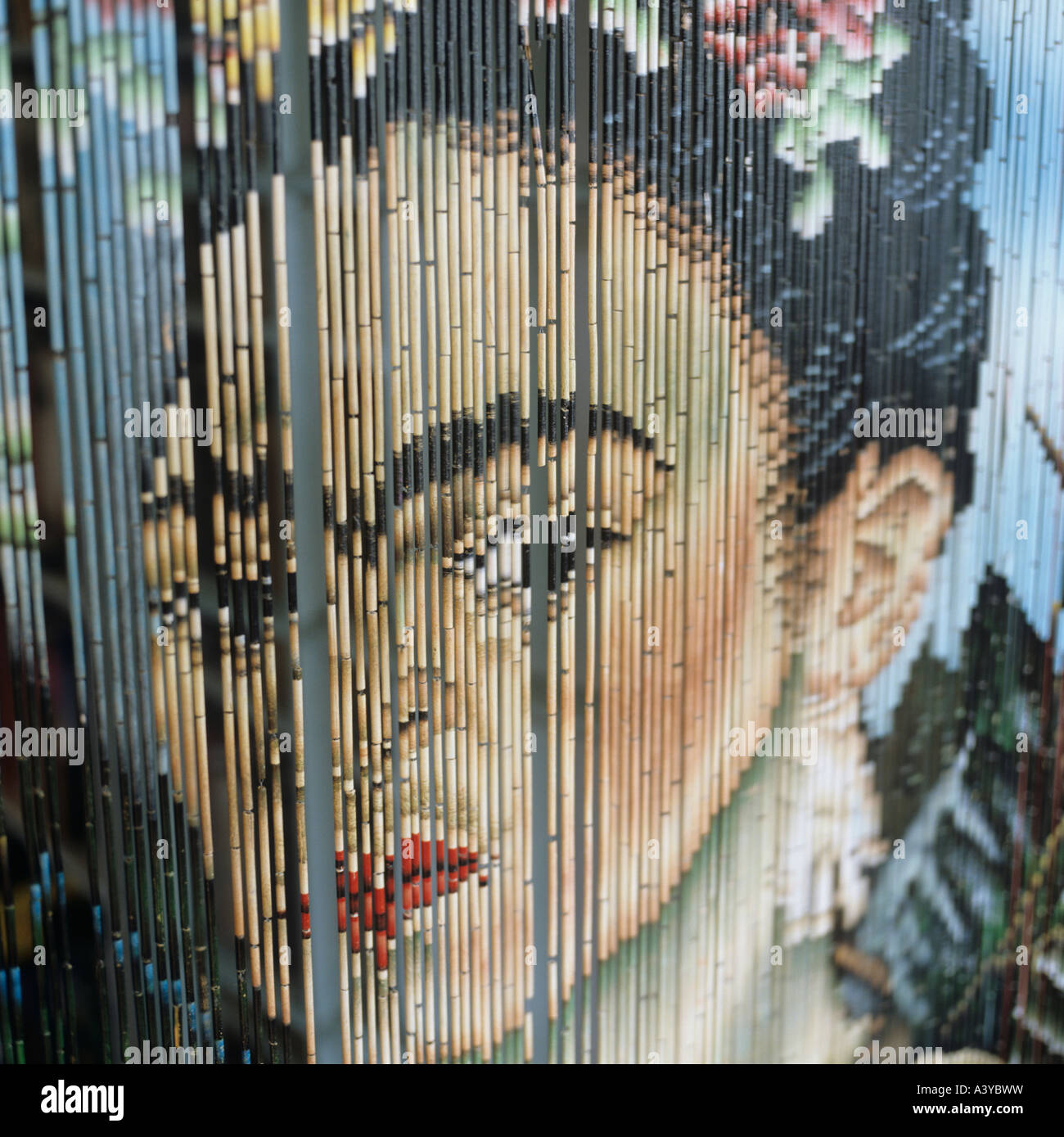 a beaded curtain with the portrait of Mexican painter Frieda Kahlo on ...