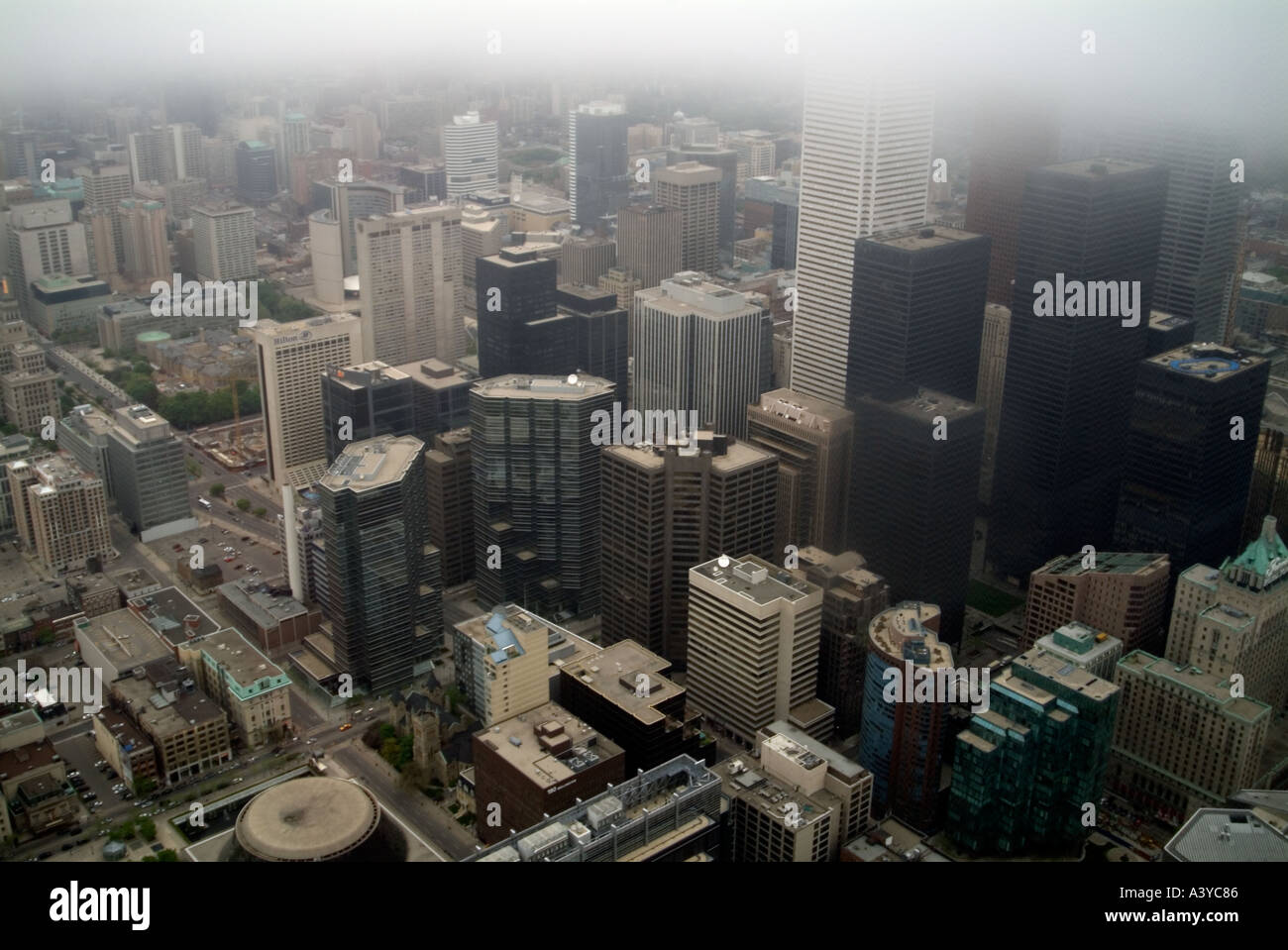 CN Tower aerial view building streets skyline clouds downtown Toronto ...