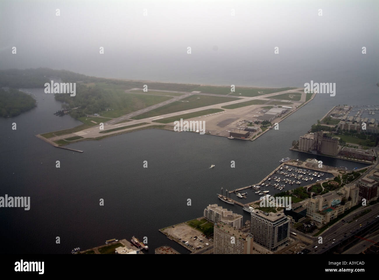 CN Tower aerial Port and Airport runway view Toronto Canada North ...
