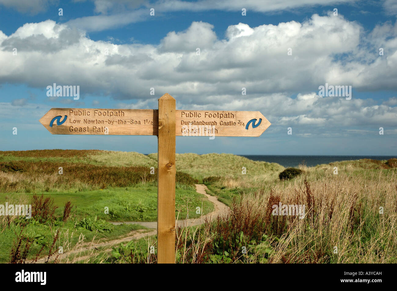 Coast path signpost near Dunstan Steads Northumberland Stock Photo - Alamy