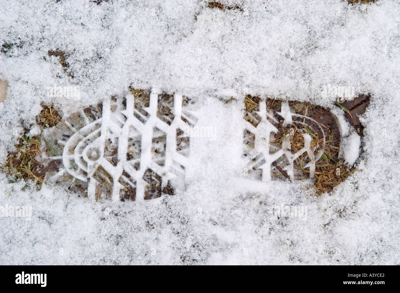 Footprint of a boot with grip sole in the snow Stock Photo - Alamy