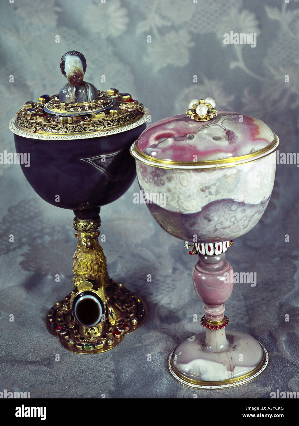 fine arts, vessel, drinking vessel, two goblets with caps, left: Milan ...