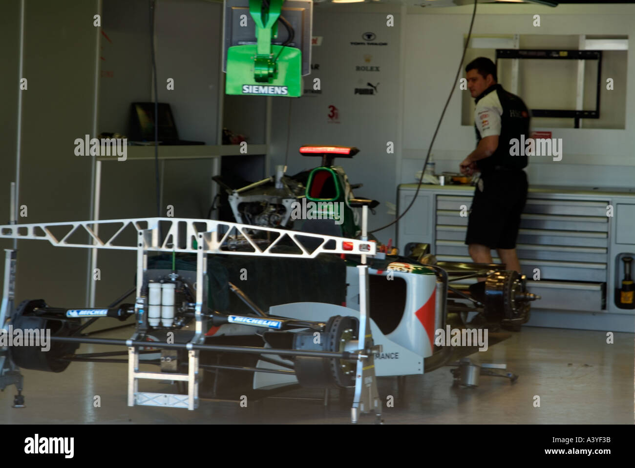 Formula 1 racing car pit lane front garage rear view mechanics Gilles ...
