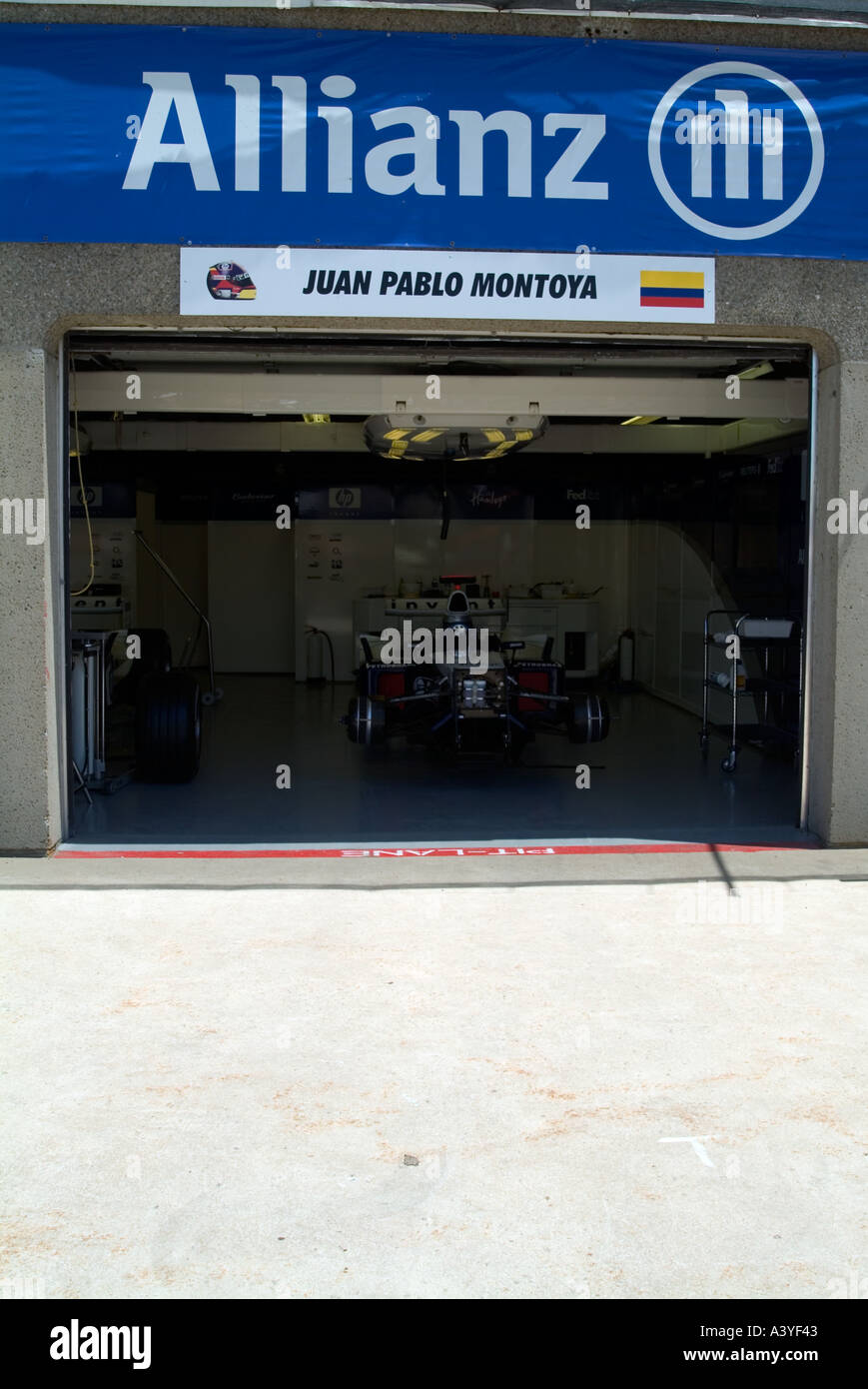 Formula 1 racing car pit lane inside garage front body view Gilles ...