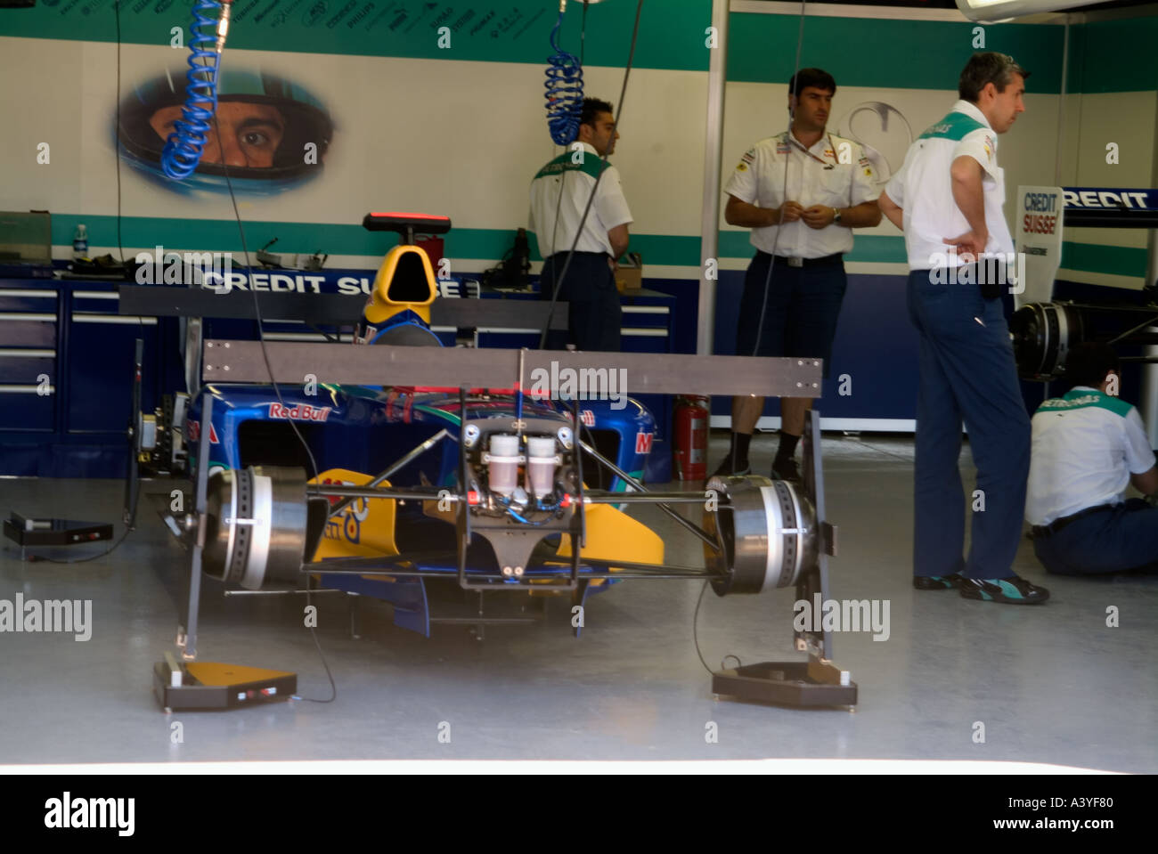 Formula 1 racing car pit lane inside garage front body view Gilles ...