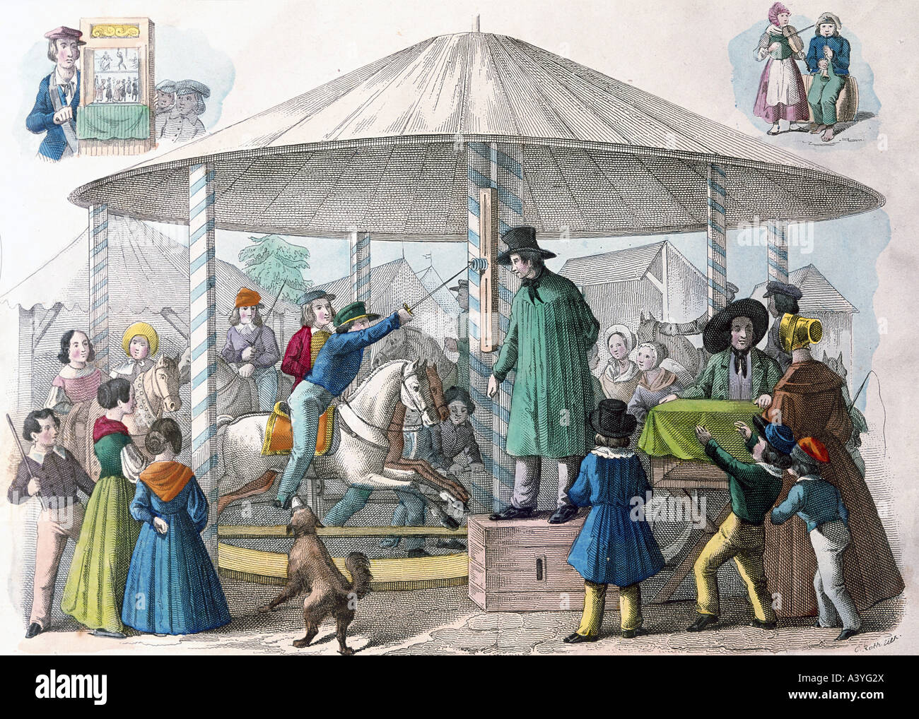 festivity, fairs, carny, carousel for children, colour pen lithograph ...