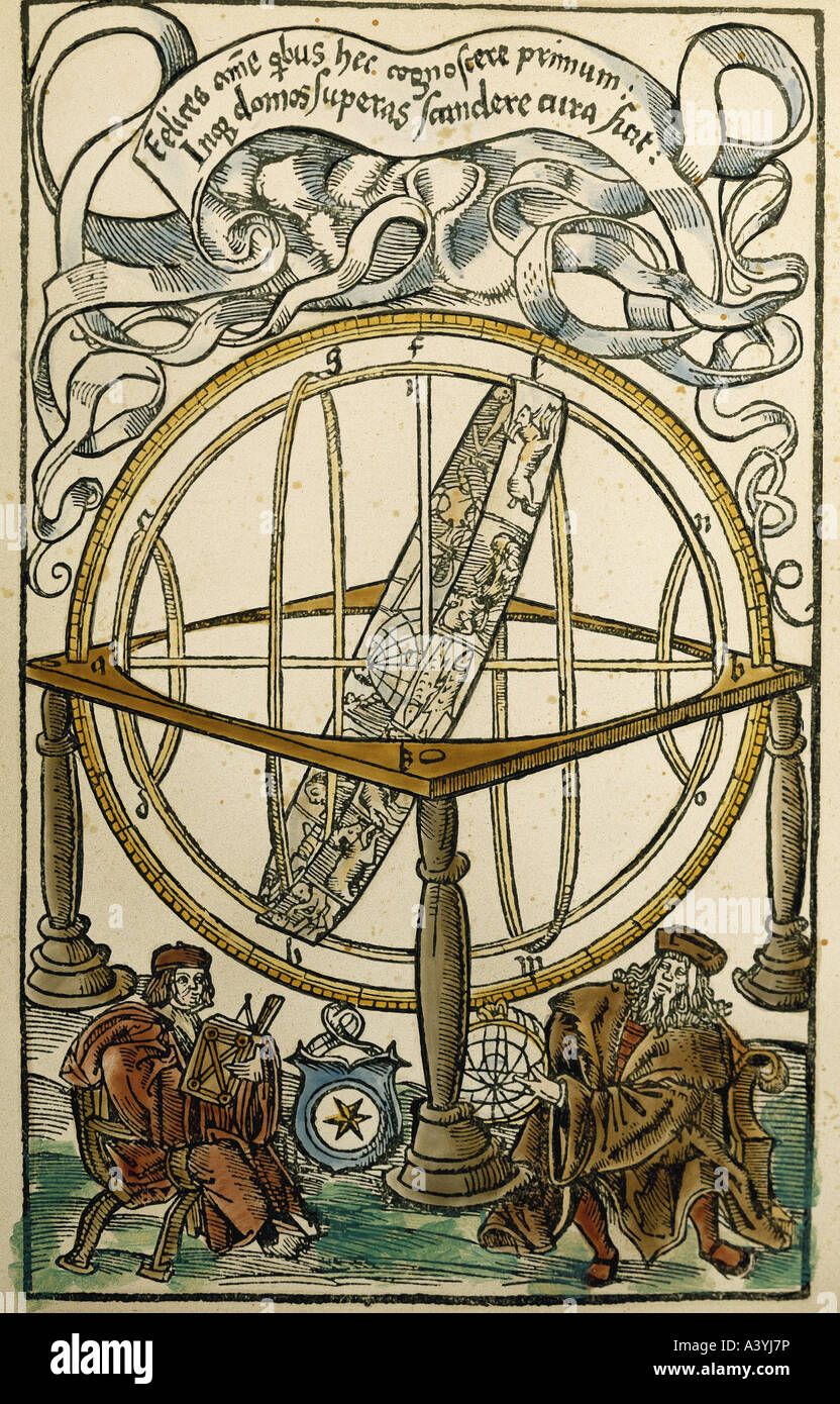 astronomy, measuring instruments, armillary sphere and two scholars ...