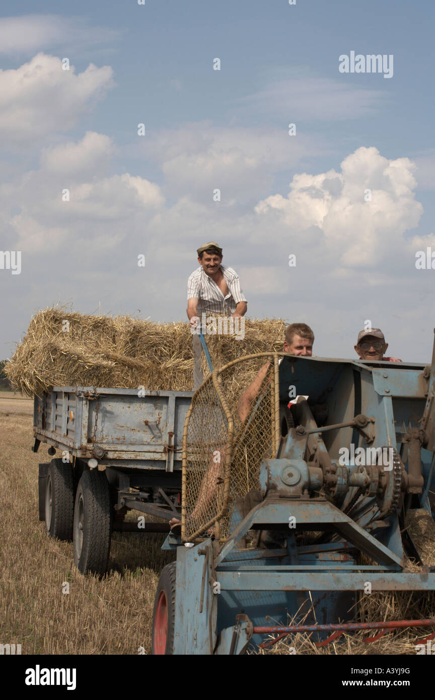 Farmers loading hay bales onto a trailer pulled by an old tractor Stock ...