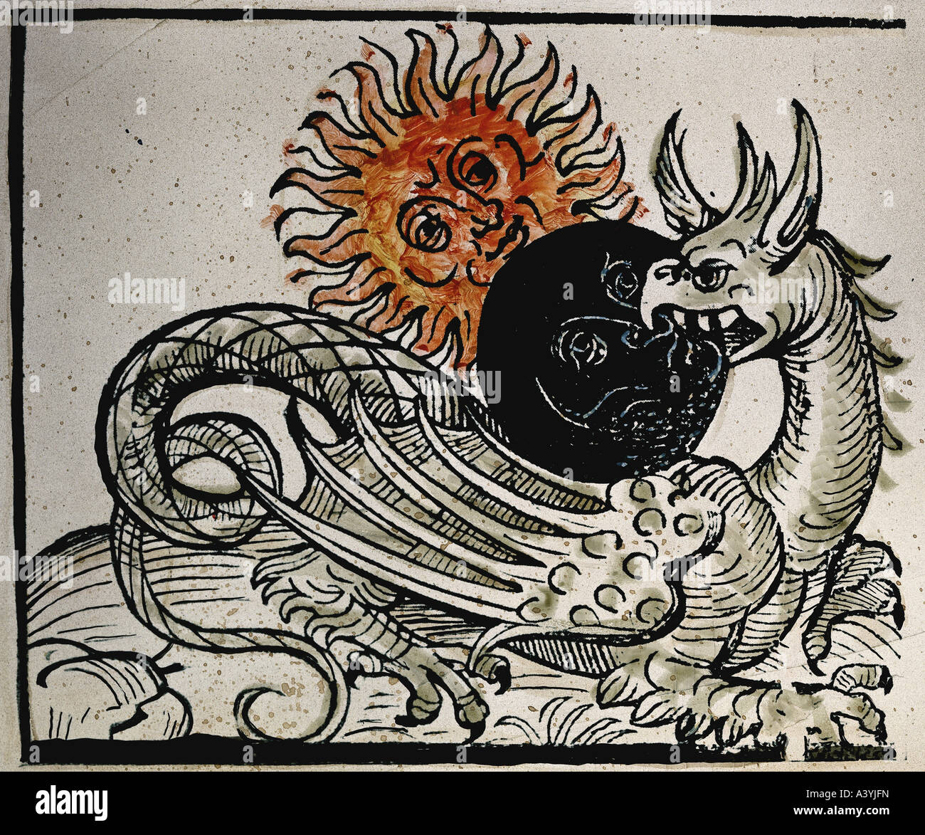 astronomy, suns and eclipses, dragon devouring shadow from face of sun ...