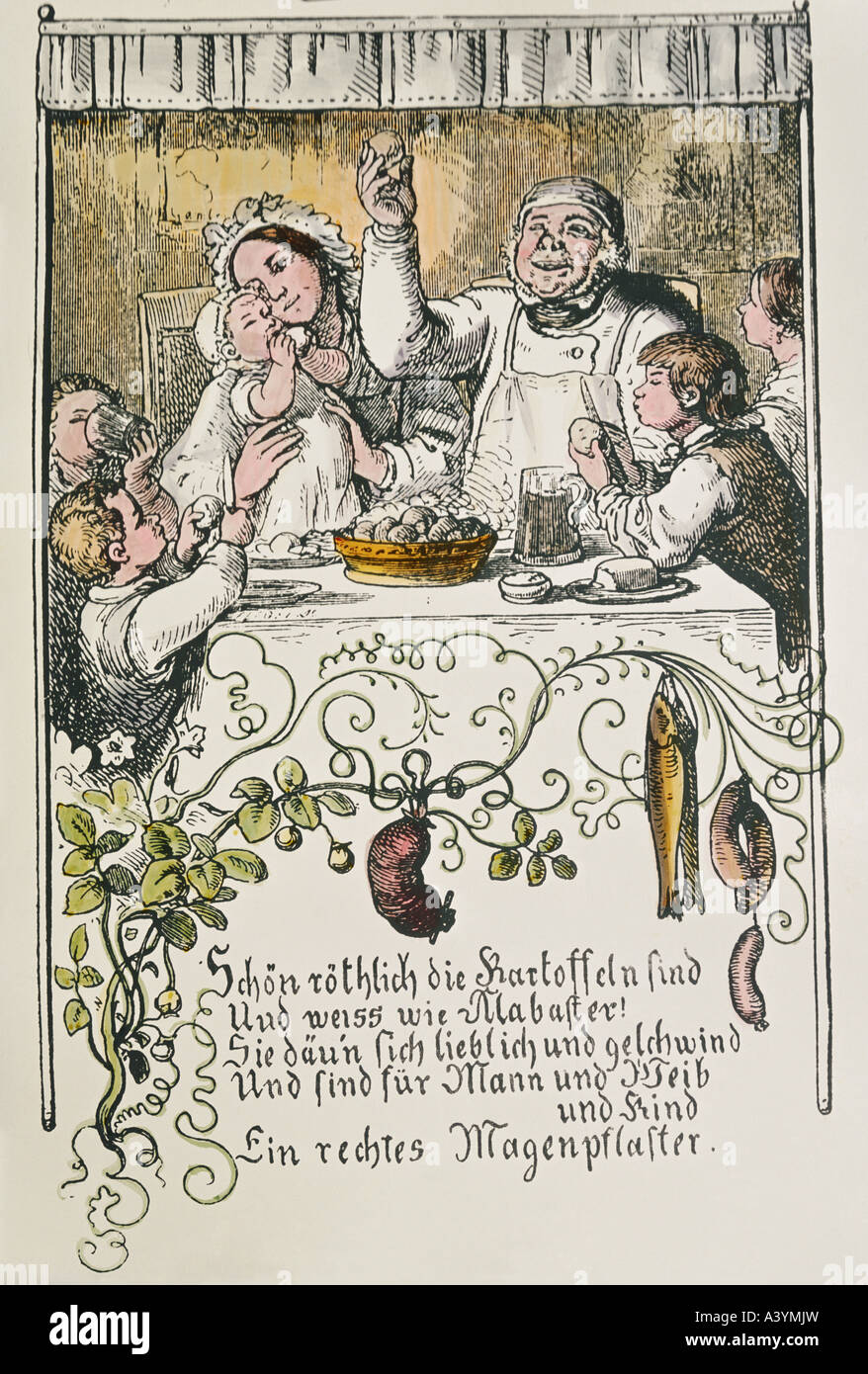 food and beverages, potatoes, poem on potato, colour engraving, after ...