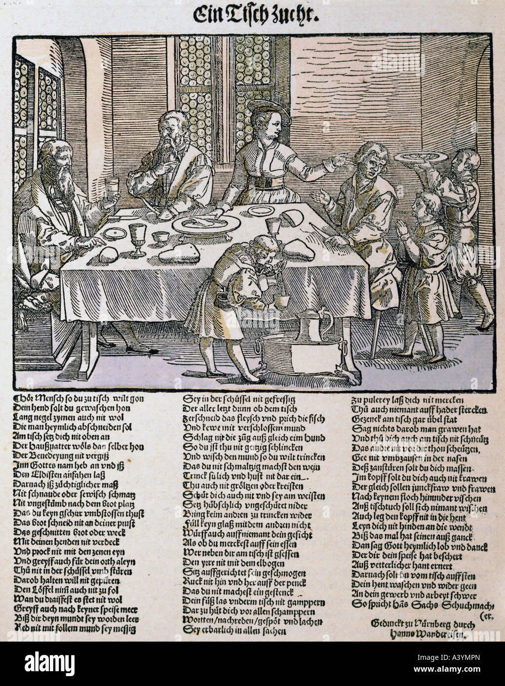 people, food and beverages, "Ein Tischzucht", ("table manners"), colour ...