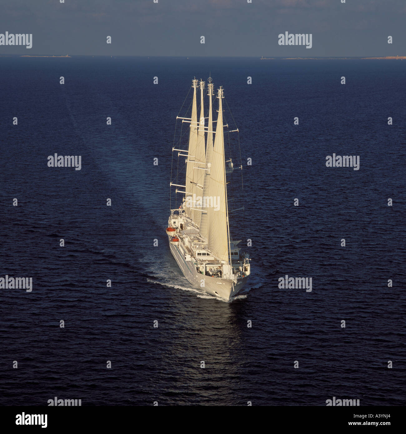 Aerial view of Wind Star Cruise Ship sailing South West from Ibiza past ...