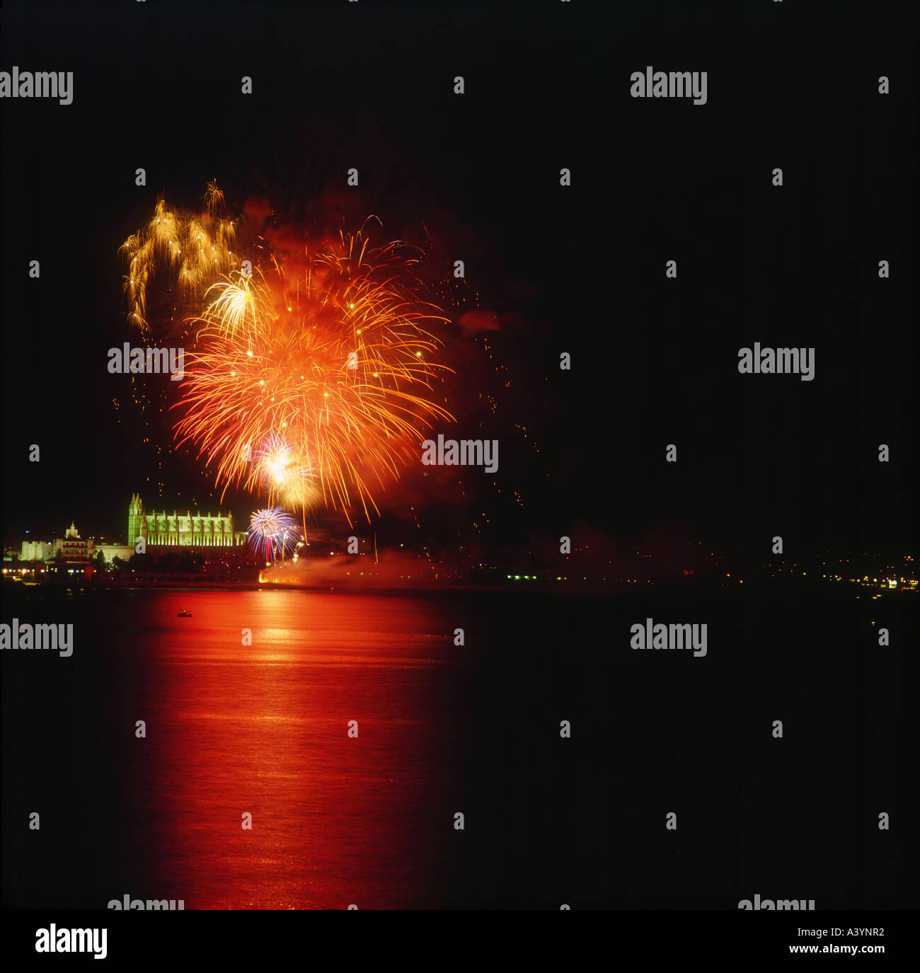San Sebastian fireworks over Palma Cathedral Palma de Mallorca Baleares ...