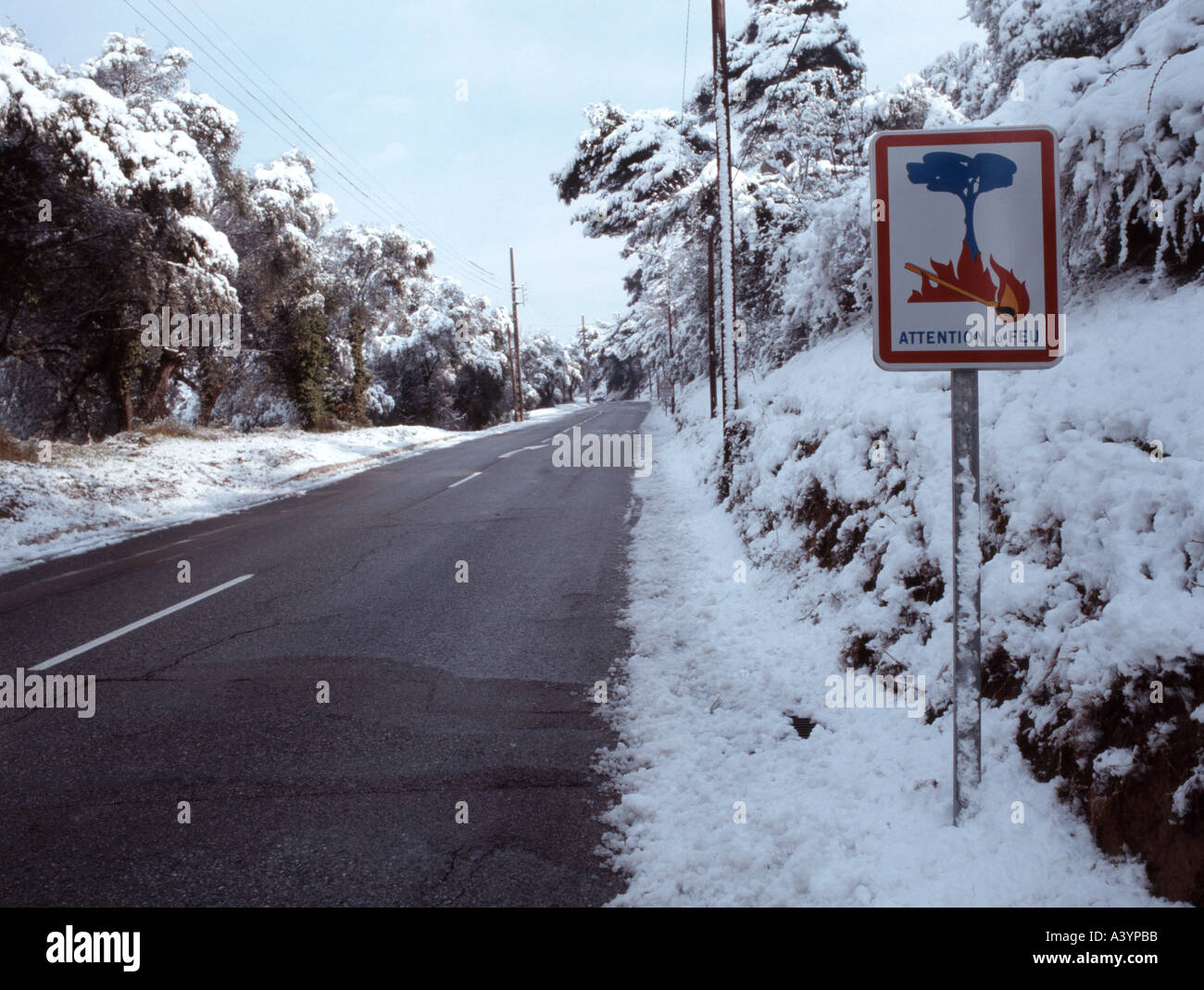Roadsign careful of fire and snow Nice France Stock Photo - Alamy