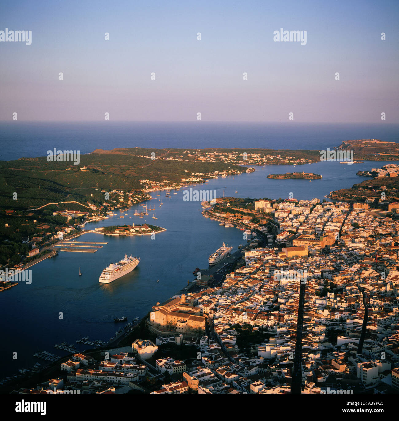 Aerial view of Cruise Ship WIND SPIRIT departing the Port of Mahon ...