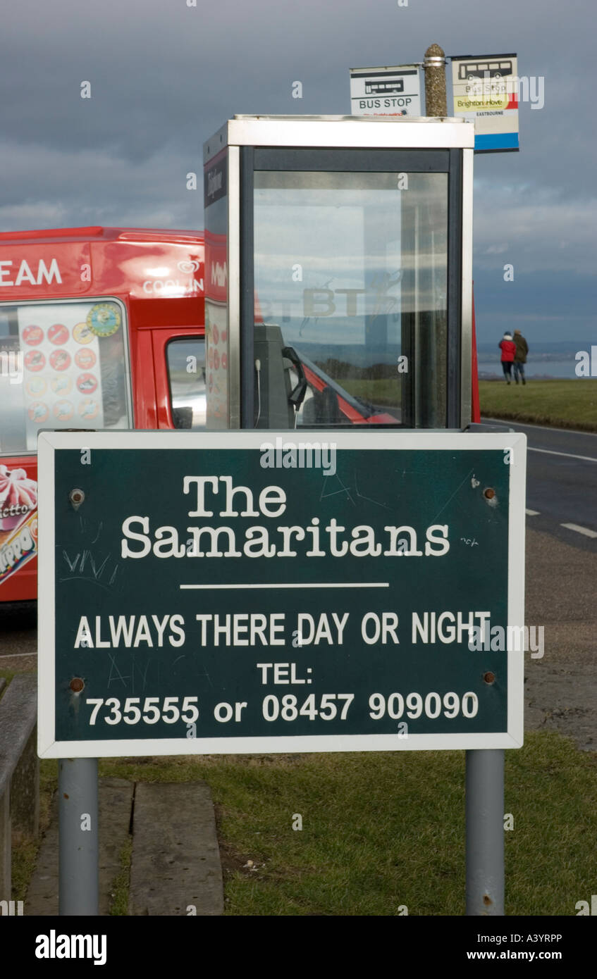 Samaritans sign outside a telephone box at Beachy Head on the East ...