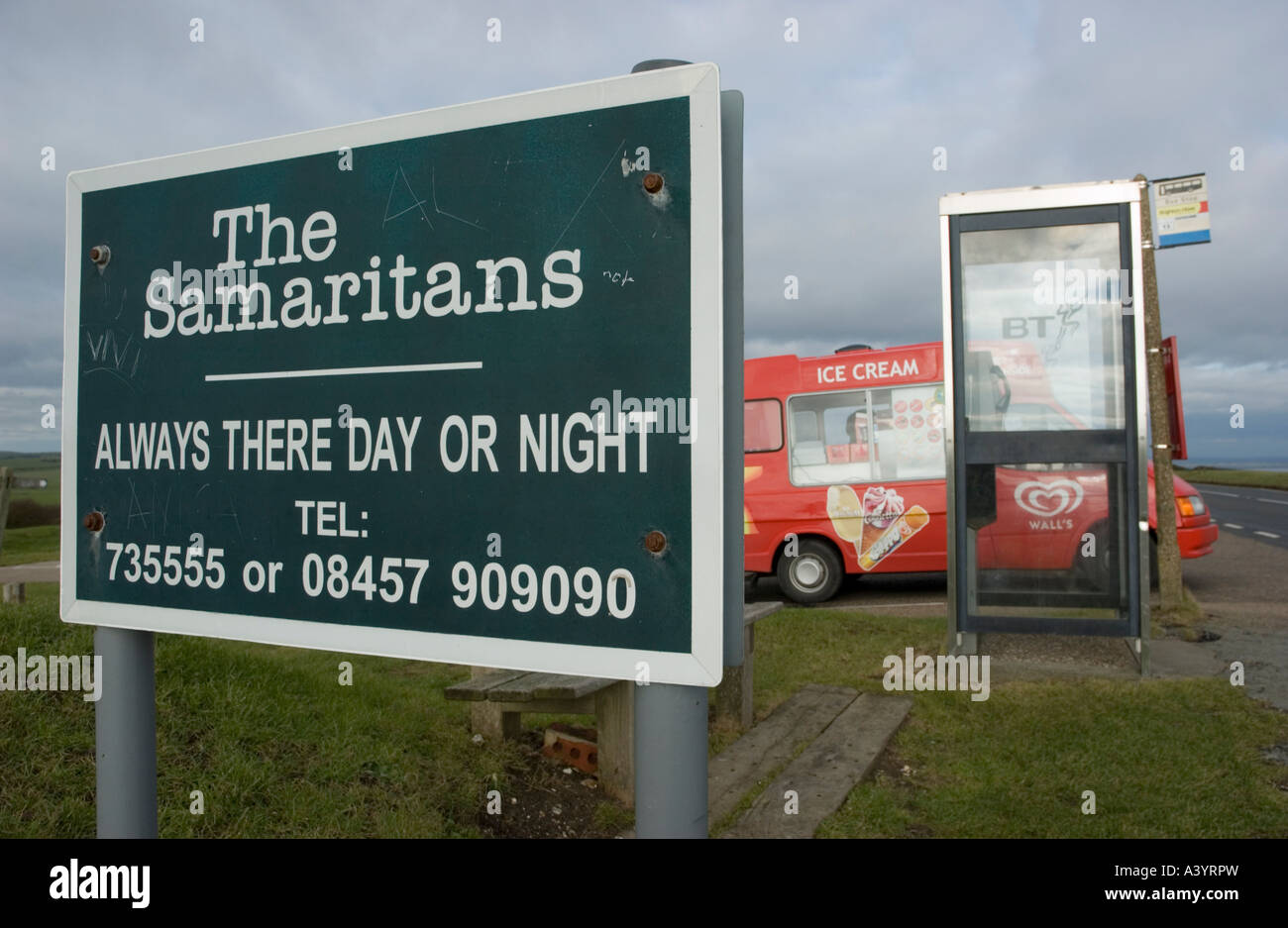 Samaritans sign outside a telephone box at Beachy Head on the East ...