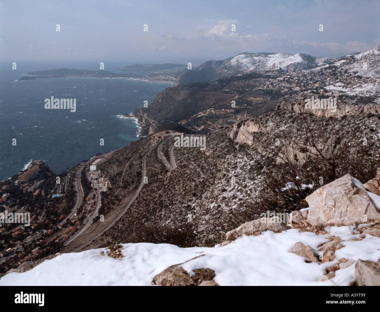 French riviera under snow from the hill near La Turbie France Stock ...