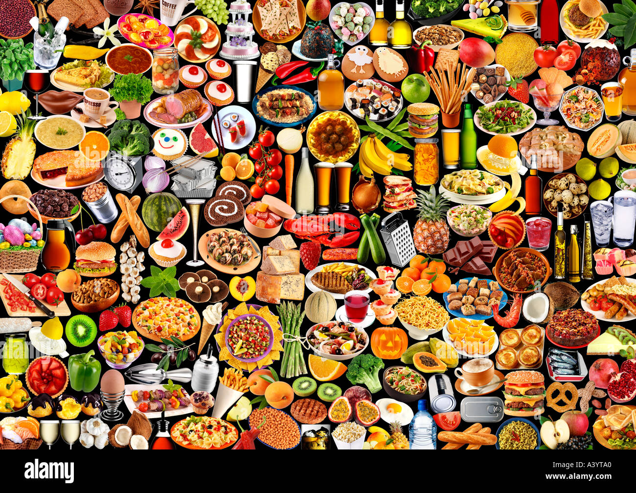 FOOD MONTAGE ON BLACK Stock Photo - Alamy