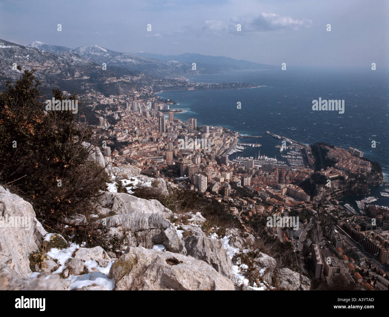 Monaco from the dog head cliff under snow France Stock Photo - Alamy