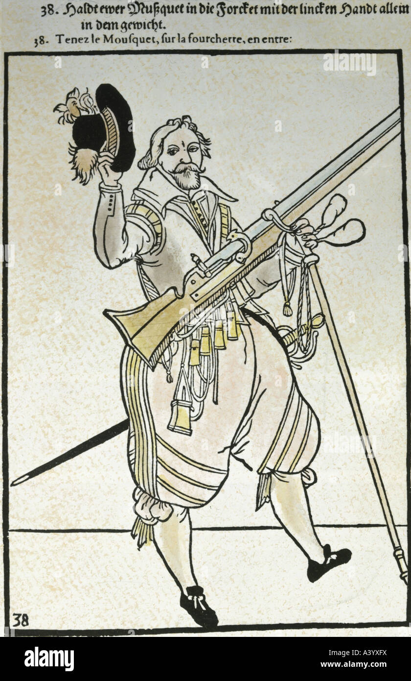 military, infantry, musketeer balancing his musket on the rest, woodcut ...