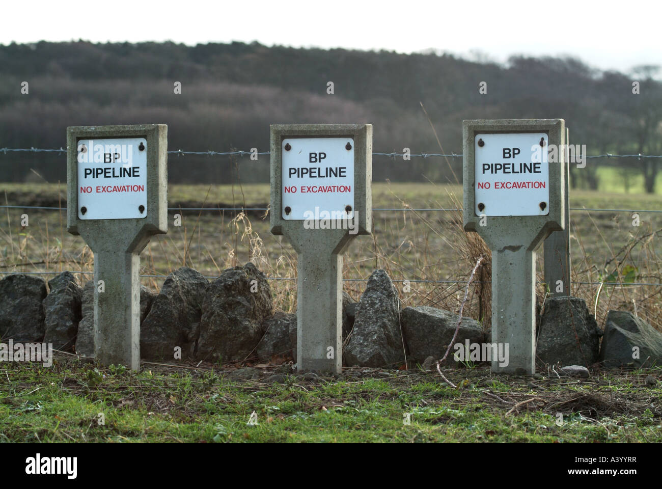 Notices indicating the location of an underground BP oil pipeline, UK ...
