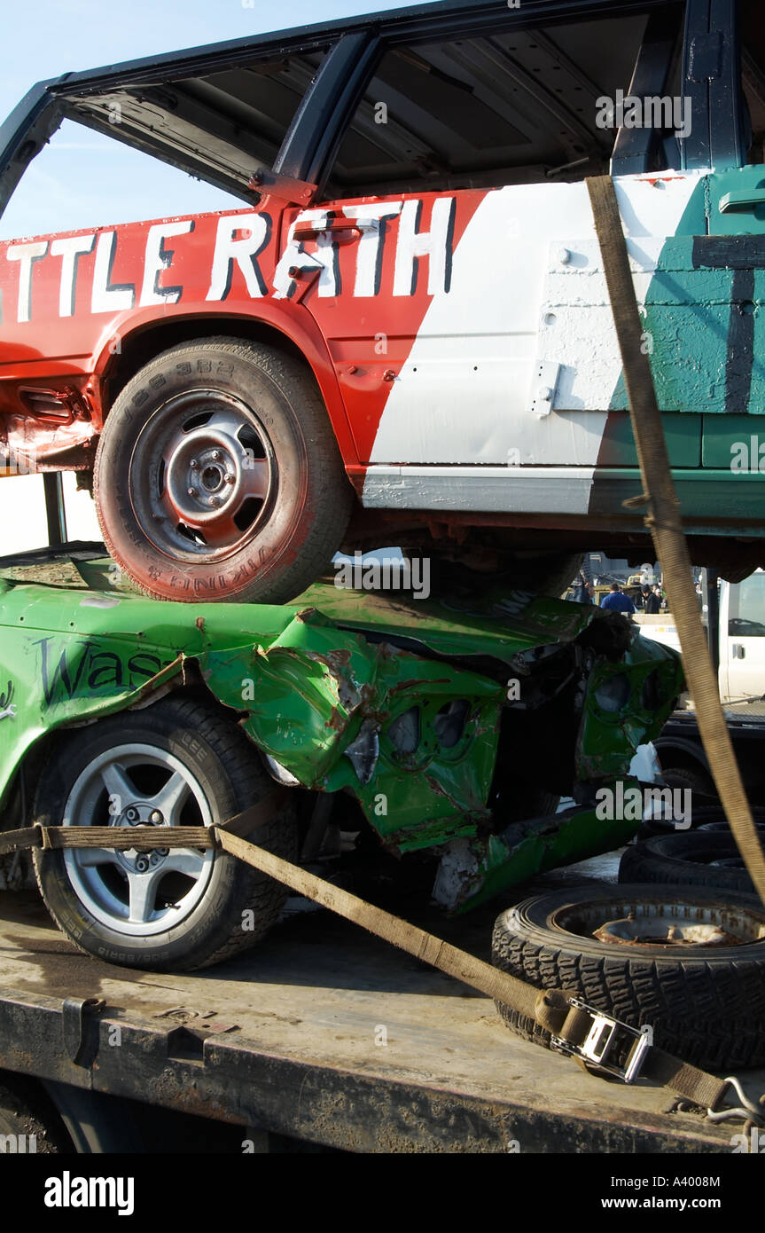 banger, racing, cars, on, lorry, track, load, strap, rachet Stock Photo ...