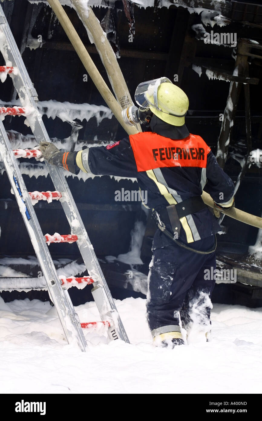 firemen extinguishing fire at a disaster practice train accident Stock ...