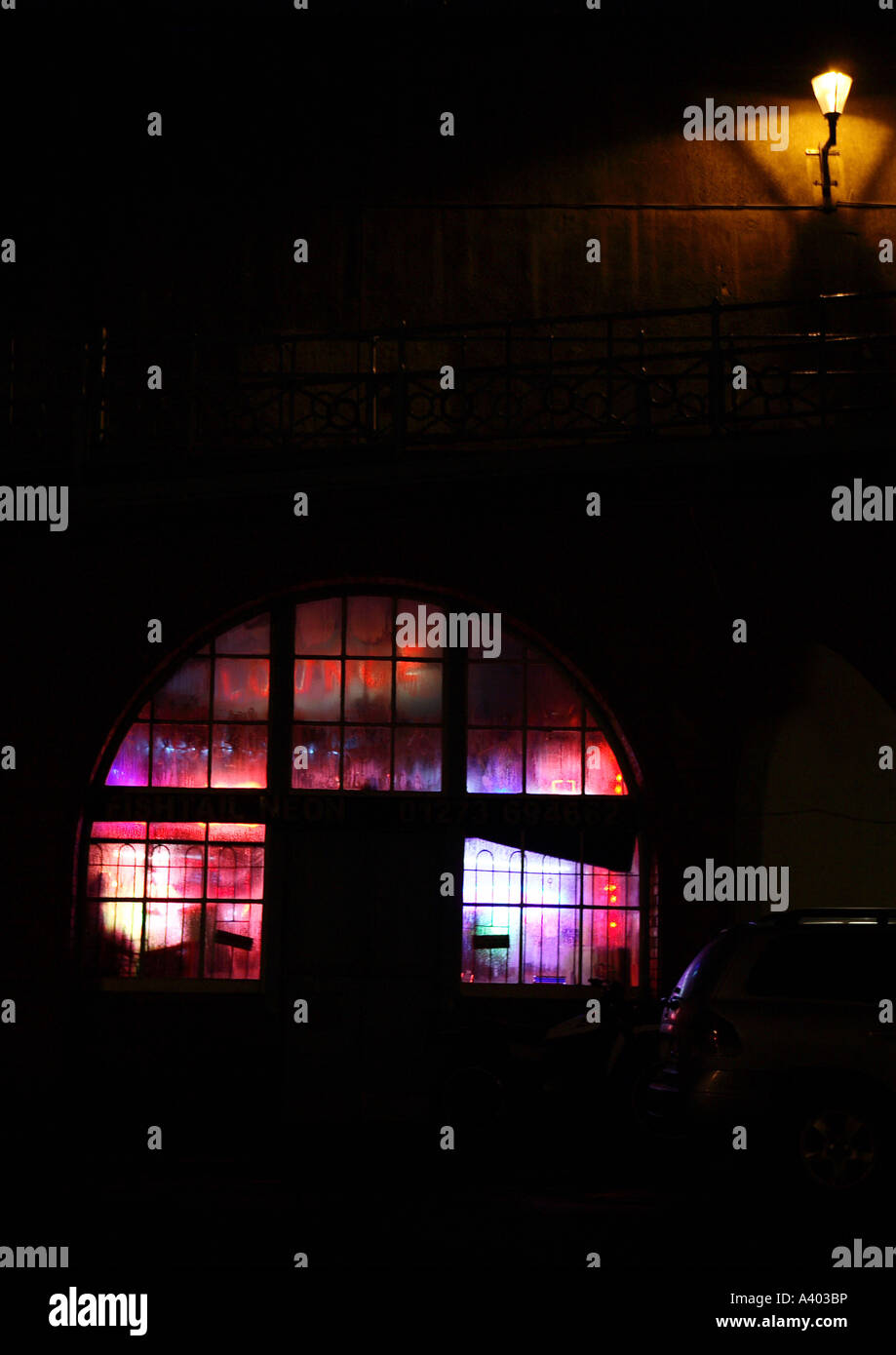 ABSTRACT Fishtail neon signmakers shop window at night Brighton East ...