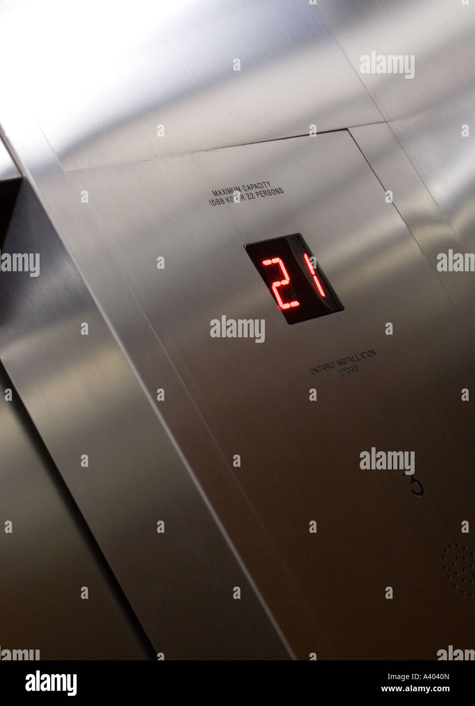 Silver lift elevator showing floor 21 in a Toronto Office Tower Canada ...