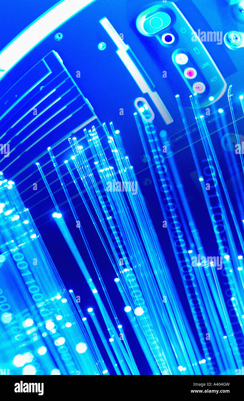 montage of fibre optics and computer hardware Stock Photo - Alamy