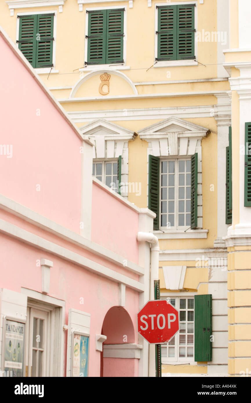 Colorful buildings with stop sign Stock Photo - Alamy