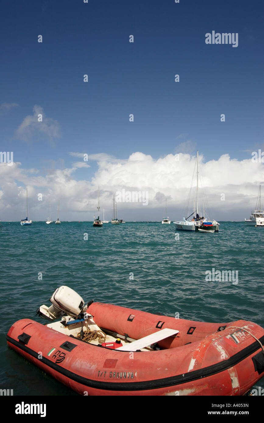 A red raft moored in the harbor Stock Photo - Alamy