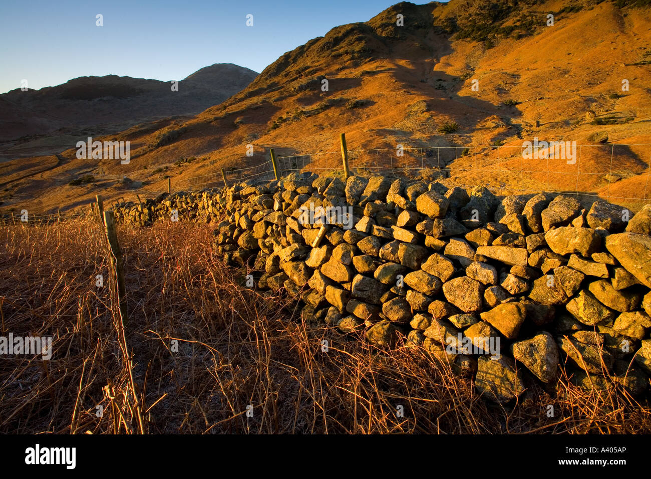 Dry stone dyke above Blea Tarn, Langdale, Lake District, Cumbria ...