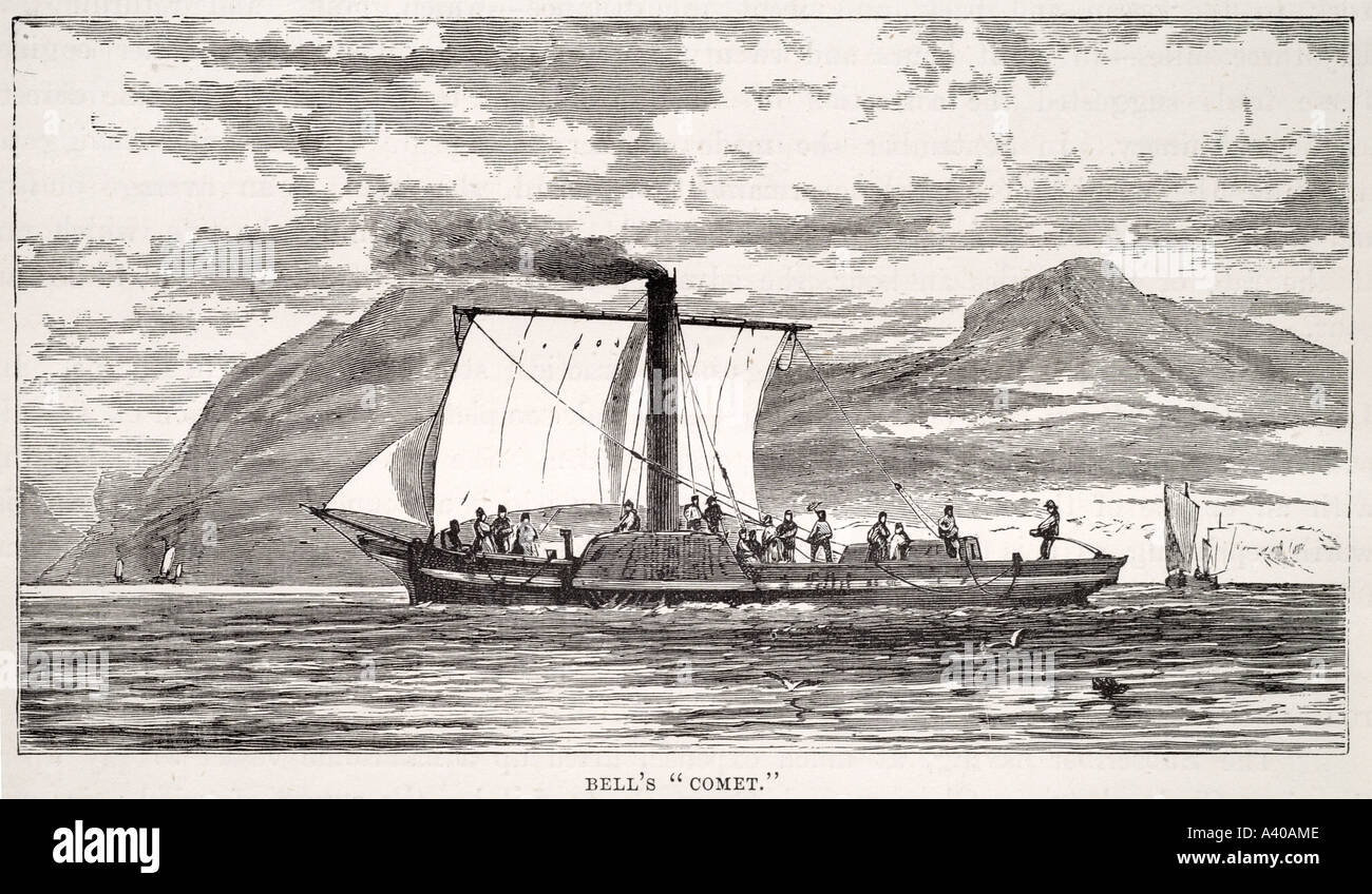 bell's comet Steam screw propeller sail mast timber coal smoke boat ...